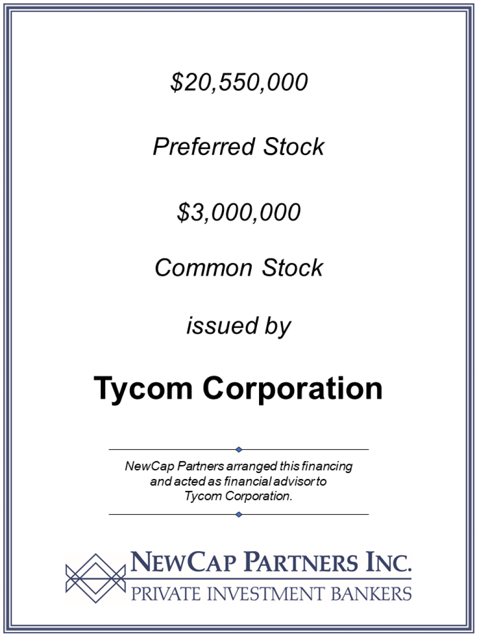 Tycom Corp financing | NewCap Partners Inc.